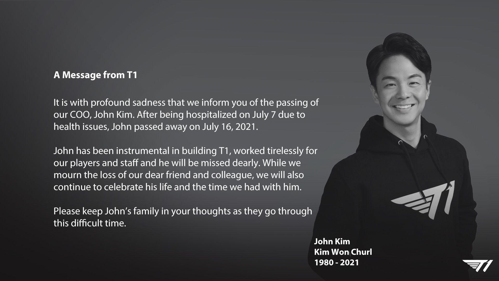 T1's League of Legends' COO John Kim has passed away